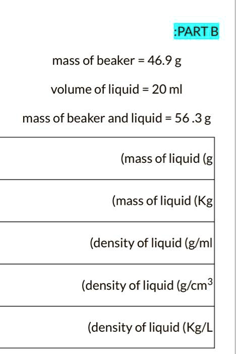 part b mass of beaker 469 g volume of liquid 20 ml mass of beaker and ...