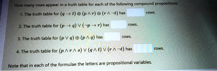 SOLVED:How many rows appear in a truth table for each of the following compound propositions: 1 ...
