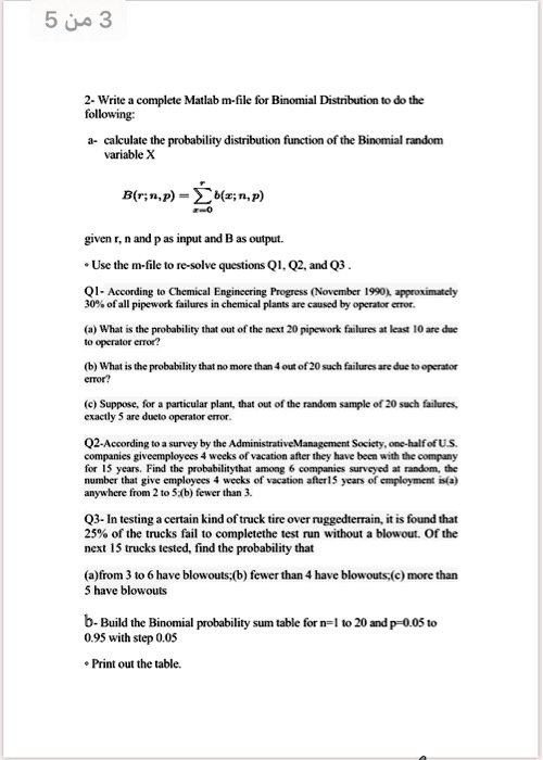 Solved Write A Complete Matlab M File For Binomial Distribution T Tk 9159