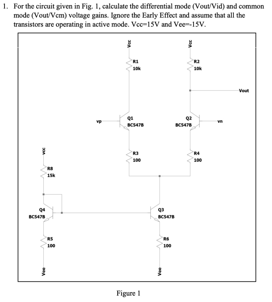 SOLVED: 1. For the circuit given in Fig. 1, calculate the differential mode (Vout/Vid) and ...