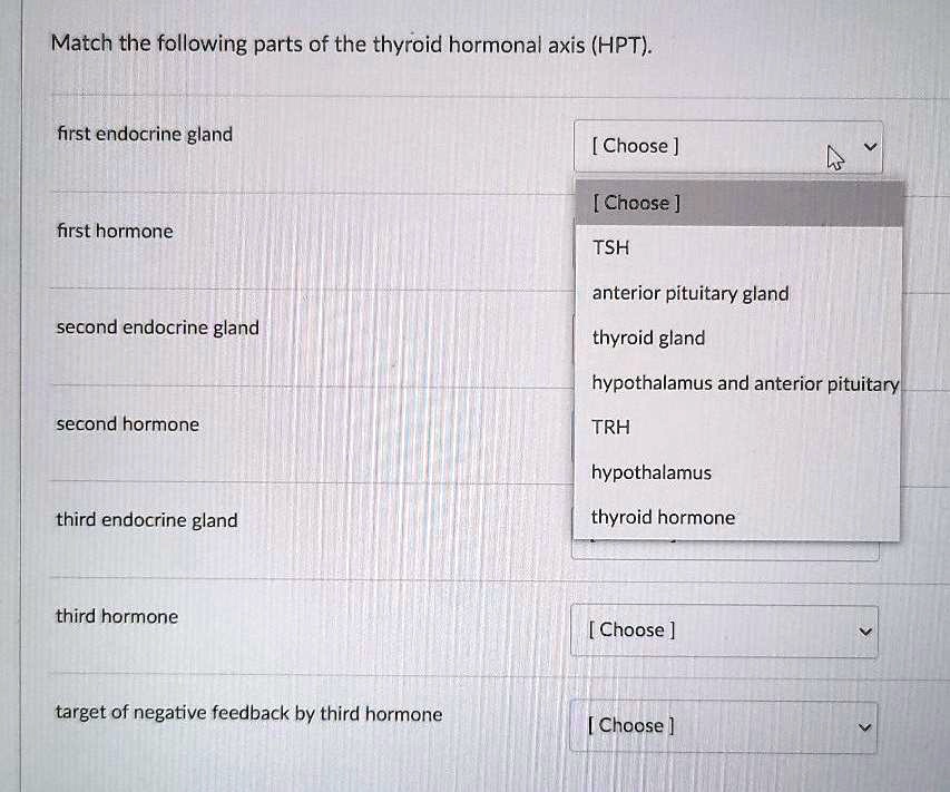 match the following parts of the thyroid hormonal axis hpt first ...