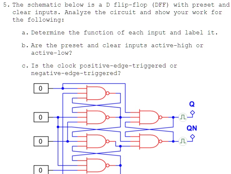 SOLVED: 5. The schematic below is a D flip-flop (DFF) with preset and clear inputs. Analyze the ...
