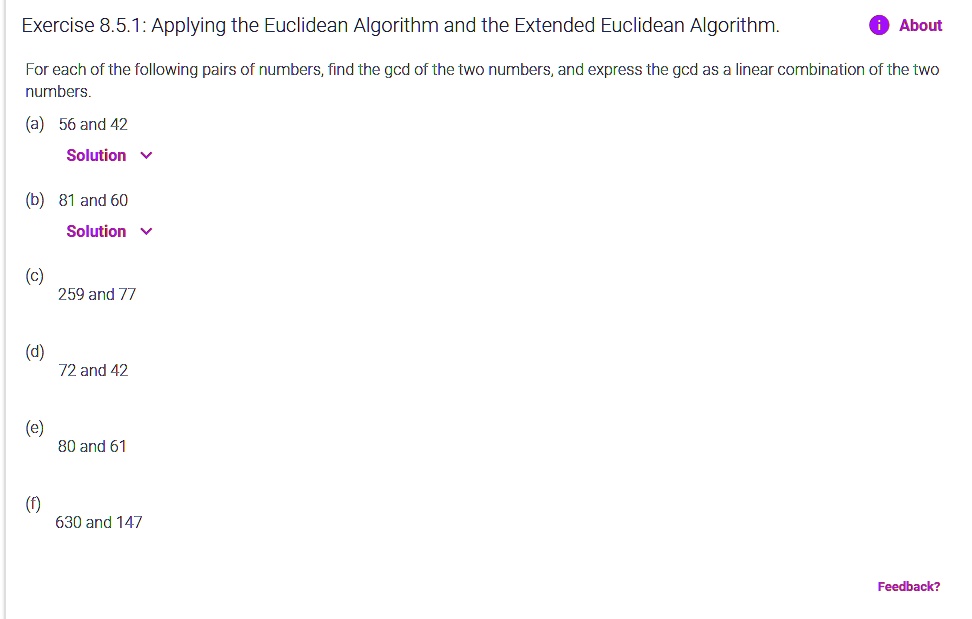 Solved Exercise 851 Applying The Euclidean Algorithm And The Extended Euclidean Algorithm 0018