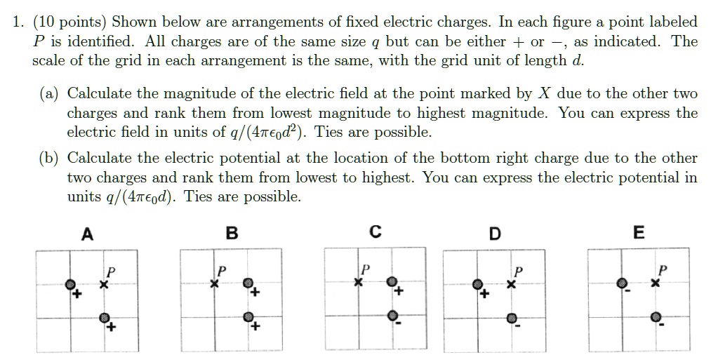 SOLVED: (10 points) Shown below are arrangements of fixed electric charges. In each figure point ...