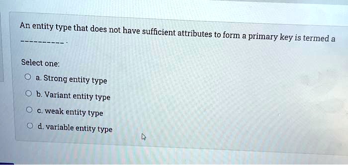 Solved An Entity Type That Does Not Have Sufficient Attributes To Form A Primary Key Is Termed