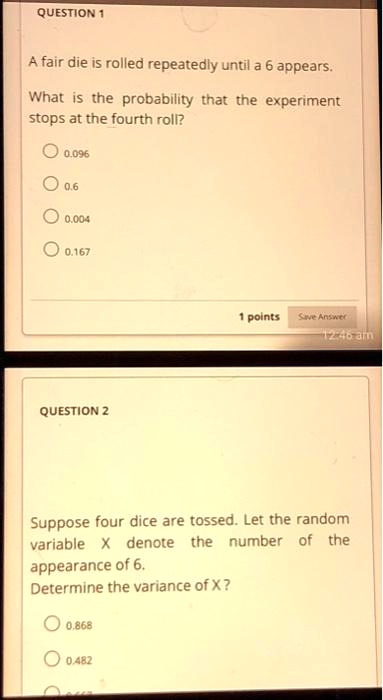 SOLVED: A clear and tidy solution using probability distributions please QUESTION1 A fair die is ...