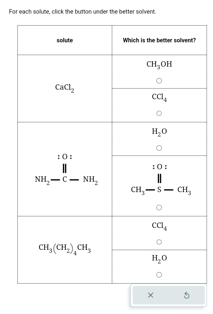 For each solute, click the button under the better solvent. solute Which is the better solvent ...