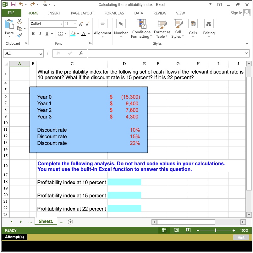 Calculating The Profitability Index Excel File Home Insert Page Layout Formulas Data Review View