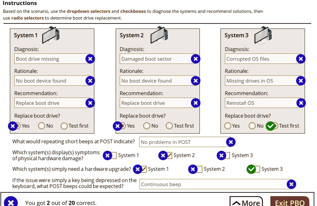 Instructions: Based on the scenario, use the dropdown selectors and checkboxes to diagnose the ...