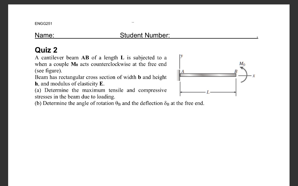 SOLVED: A cantilever beam AB of length L is subjected to a couple M0 acting counterclockwise at ...