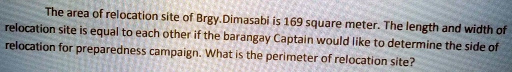 The area of relocation site of Brgy. Dimasabi is 169 square...