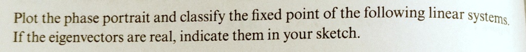 SOLVED: Plot the phase portrait and classify the fixed point of the following linear systems ...