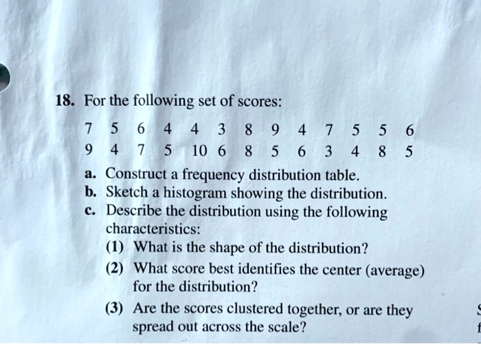 SOLVED: 18. For the following set of scores: 9 5 5 6 10 8 5 Construct a frequency distribution ...