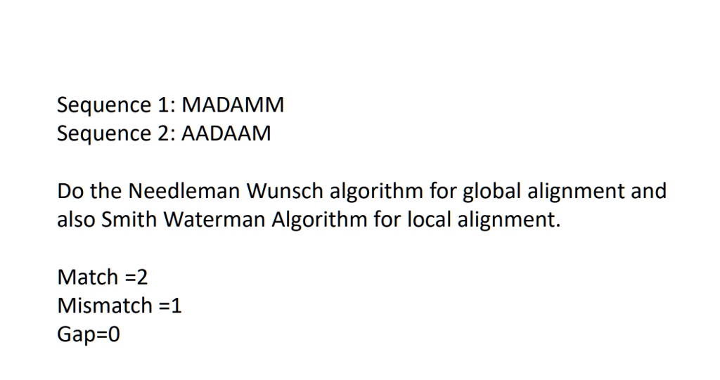 Solved Sequence 1 Madam Sequence 2 Adam Do The Needleman Wunsch Algorithm For Global
