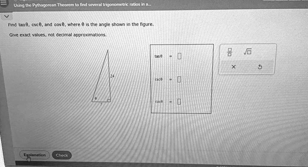 Using the Pythagorean Theorem to find several trigonometric ratios in a right triangle. Find ...