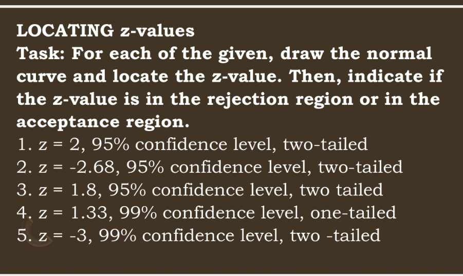LOCATING z-values Task: For each of the given, draw the normal curve and locate the z-value ...
