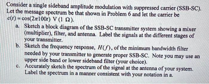 SOLVED: Consider a single sideband amplitude modulation with suppressed carrier (SSB-SC). Let ...