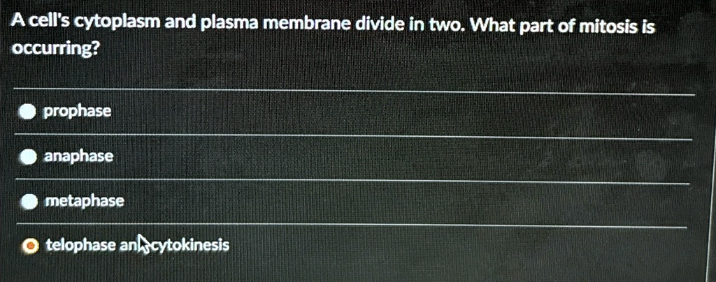 A cell's cytoplasm and plasma membrane divide in two. What part of ...