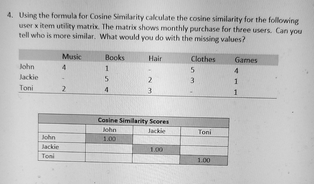 SOLVED: Using the Formula for Cosine Similarity, calculate the cosine similarity for the ...
