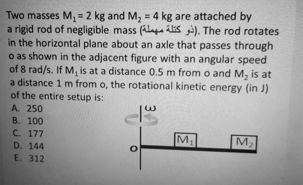 SOLVED: Two masses M = 2 kg and Mz = 4 kg are attached by a rigid rod of negligible mass. The ...