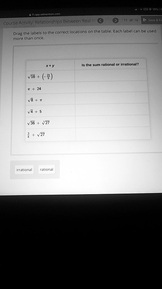 SOLVED: JPp edmentum com Save E Course Activity: Relationships Between Real Drag the labels to ...