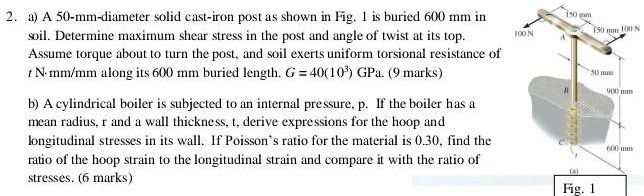 2. a) A 50-mm-diameter solid cast-iron post as shown in Fig. 1 is ...