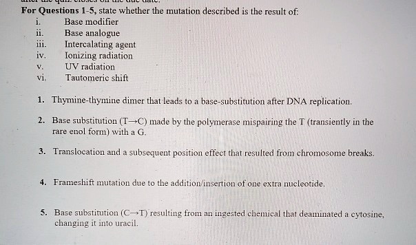 SOLVED: For Questions 1-5,state whether the mutation described is the result of: Base mnodilier ...