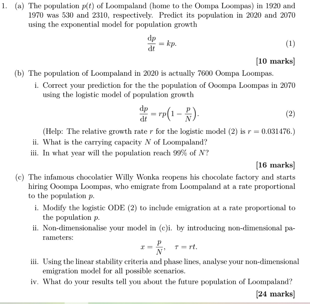 SOLVED: The population p(t) of Loompaland (home to the Oompa Loompas ...