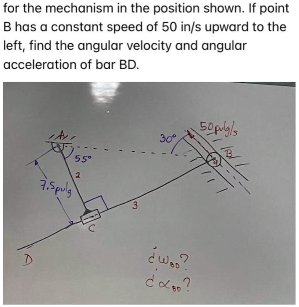 SOLVED: Texts: For the mechanism in the position shown. If point B has a constant speed of 50 in ...
