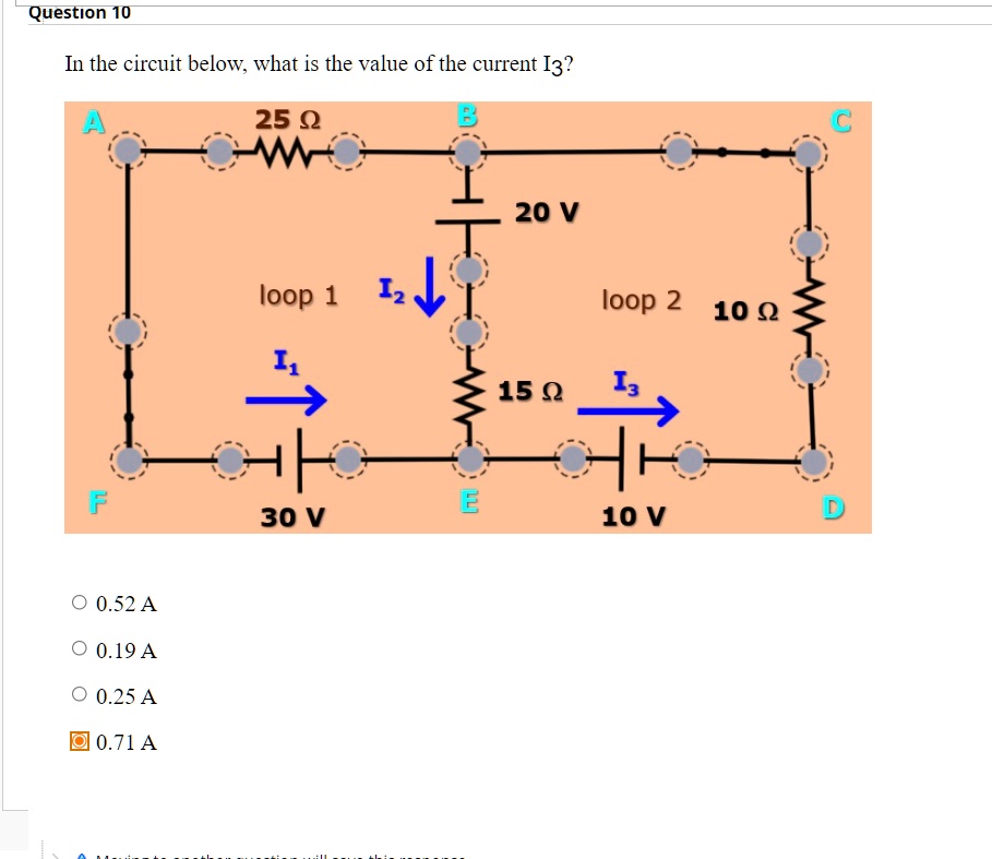SOLVED: Question 10 In the circuit below, what is the value of the current I3? 25 20 V loop 1 ...
