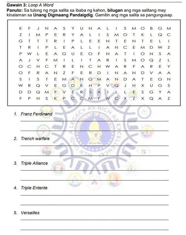 Gawain 3: Loop A Word Panuto: Sa tulong ng mga salita sa ibaba ng kahon ...