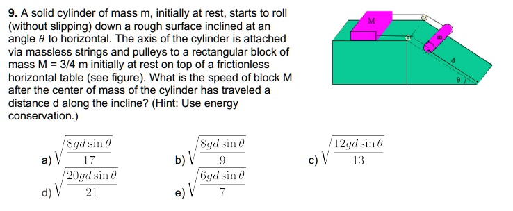 SOLVED: A solid cylinder of mass m, initially at rest, starts to roll (without slipping) down a ...