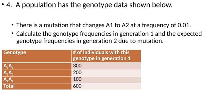 SOLVED: A population has the genotype data shown below. Genotype A₁A₁ A₁A₂ There is a mutation ...