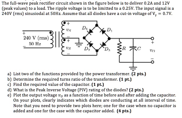 Solved The Full Wave Peak Rectifier Circuit Shown In The Figure Below Is Designed To Deliver 0 5114