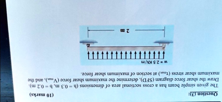 SOLVED: 2 m w = 2.5 kN/m maximum shear stress (Tmax) at section of ...