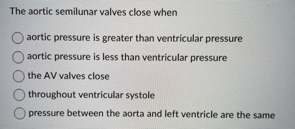 The aortic semilunar valves close when aortic pressure is greater than ...