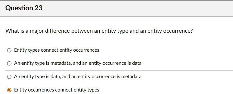 Question 23 What is a major difference between an entity type and an entity occurrence? Entity ...