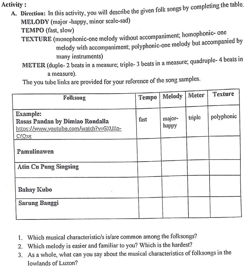 SOLVED: What is the answer? Activity by completing the table. Direction: In this activity, you ...
