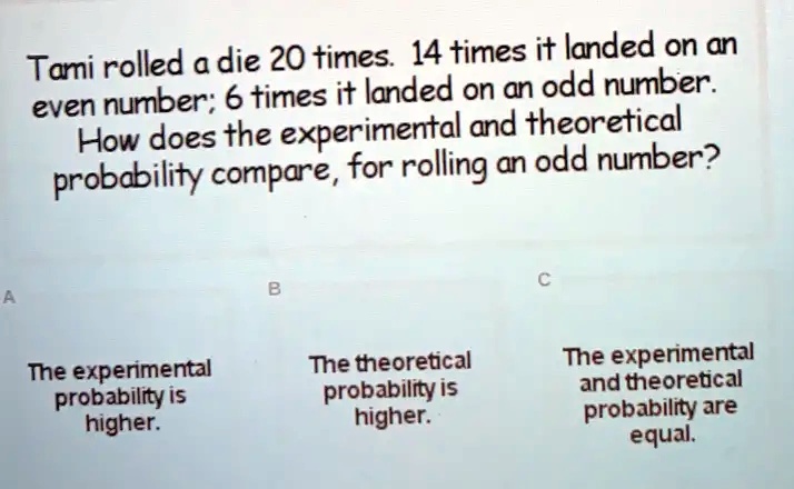 SOLVED: Tami rolled a die 20 times 14 times it landed on an even number ...