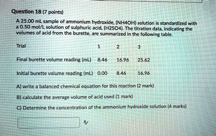 SOLVED: Text: Question 18 (7 points) A 25.00 mL sample of ammonium ...