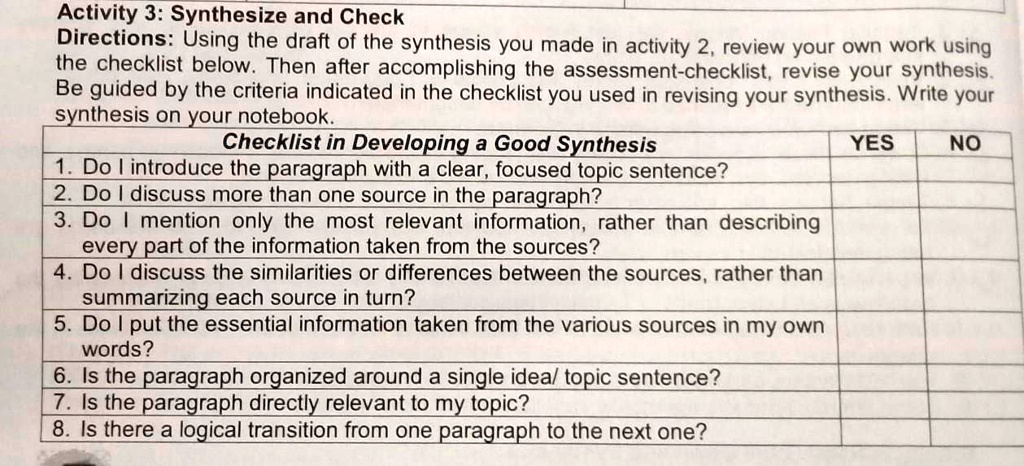 Activity 3: Synthesize and Check Directions: Using the draft of the ...