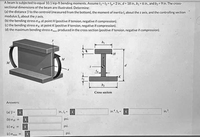 A beam is subjected to equal 10.1 kip-ft bending moments. Assume t1 ...