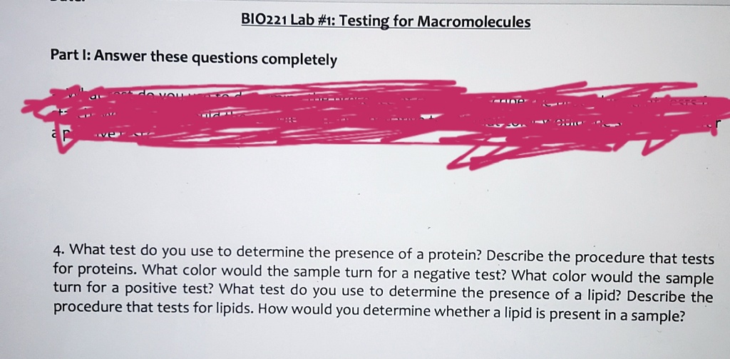 SOLVED: BIO221Lab t1: Testing for Macromolecules Part I: Answer these ...