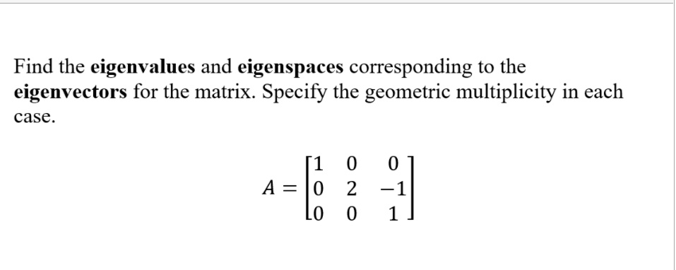 SOLVED: Find the eigenvalues and eigenspaces corresponding to the eigenvectors for the matrix ...