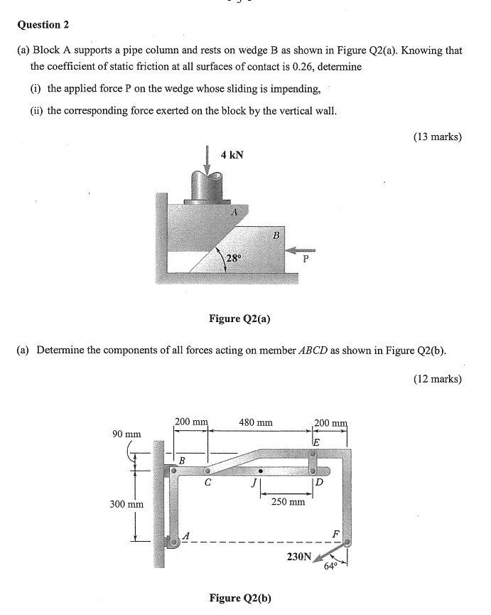 SOLVED: Question 2 (a) Block A supports a pipe column and rests on wedge B as shown in Figure Q2 ...