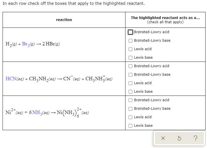 SOLVED: In each row, check off the boxes that apply to the highlighted reactant: Reaction The ...