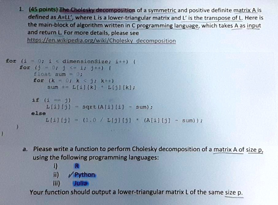 Solved Please Find The Code For The Cholesky Decomposition Of A Lower