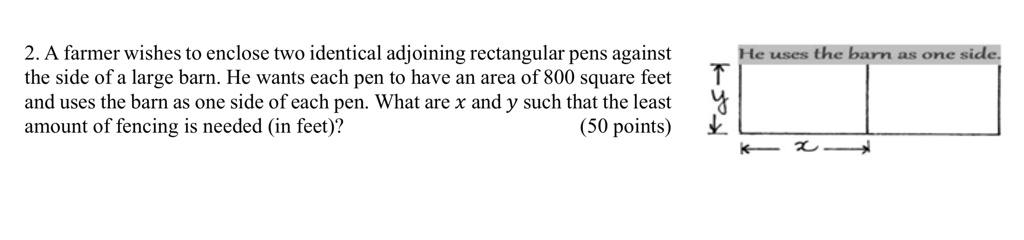 A farmer wishes to enclose two identical adjoining rectangular pens ...