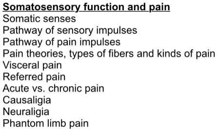 SOLVED: Somatosensory function and pain Somatic senses Pathway of ...