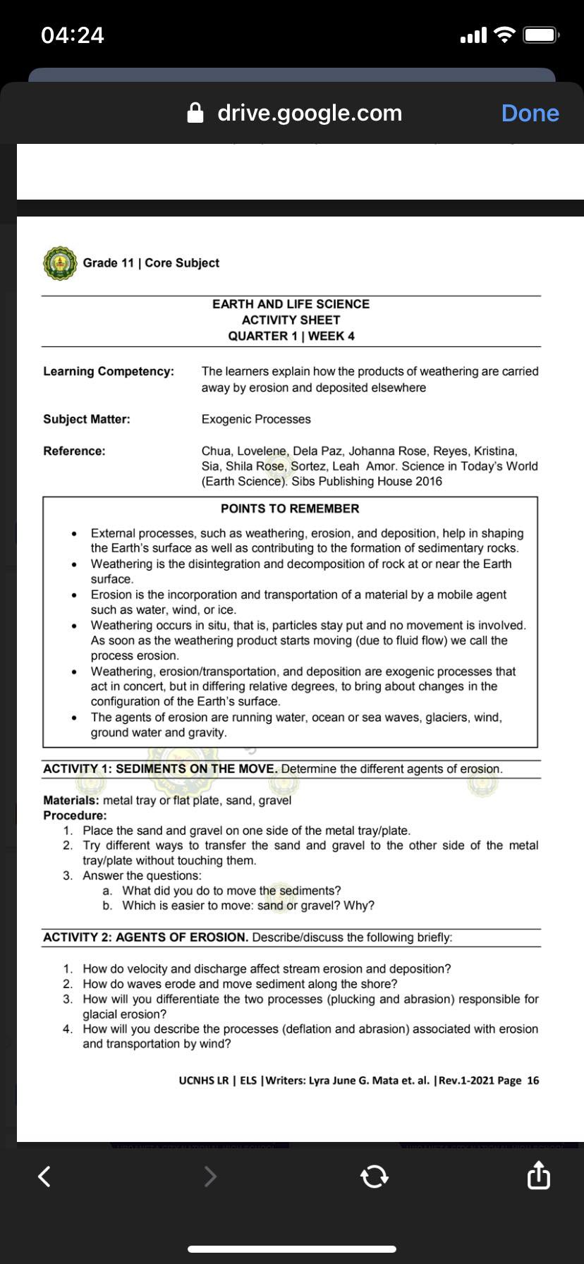 04: 24 Q drive.google.com Done Grade 11 | Core Subject EARTH AND LIFE ...